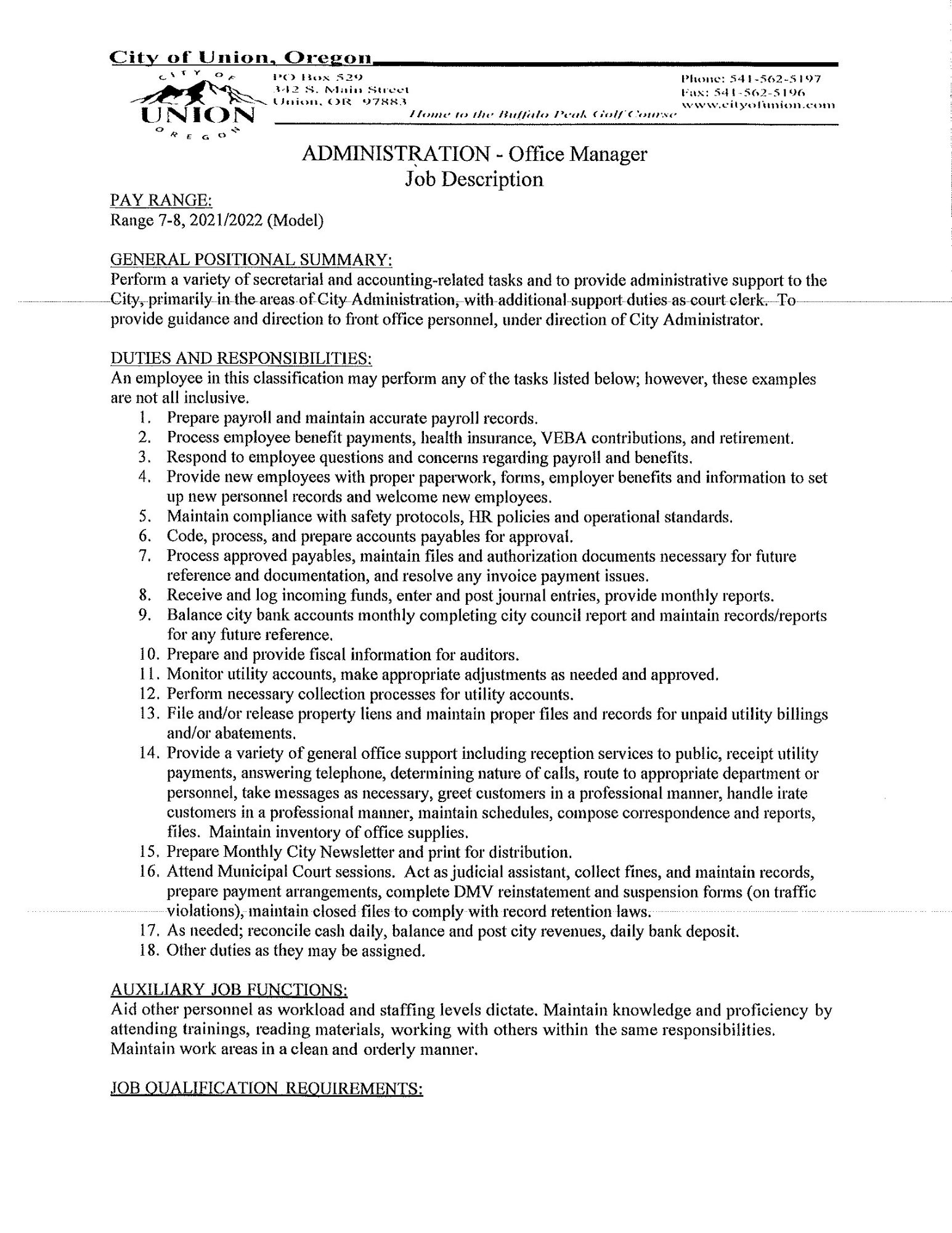 Job Opportunity! – City of Union, OR