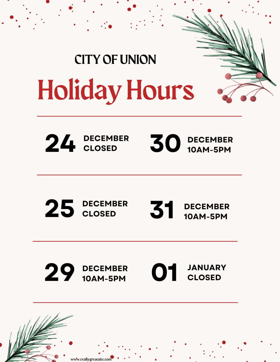 Holiday Hours – City of Union, OR